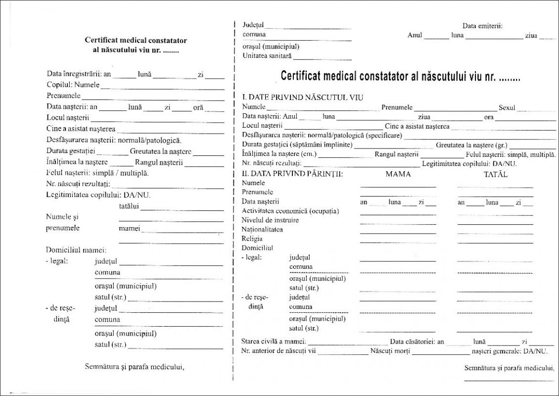 Certificat medical constatator al născutului, A4, imprimat tipizat ...